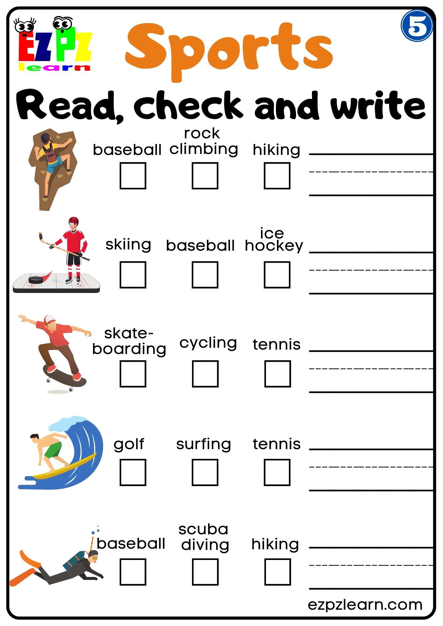Group 5 Sports Read Check and Write Worksheet for ESL and K5 Students PDF Download - Ezpzlearn.com